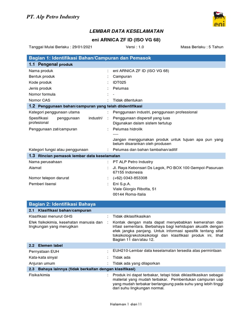 MSDS Eni ARNICA ZF ID (ISO VG 68 | PDF