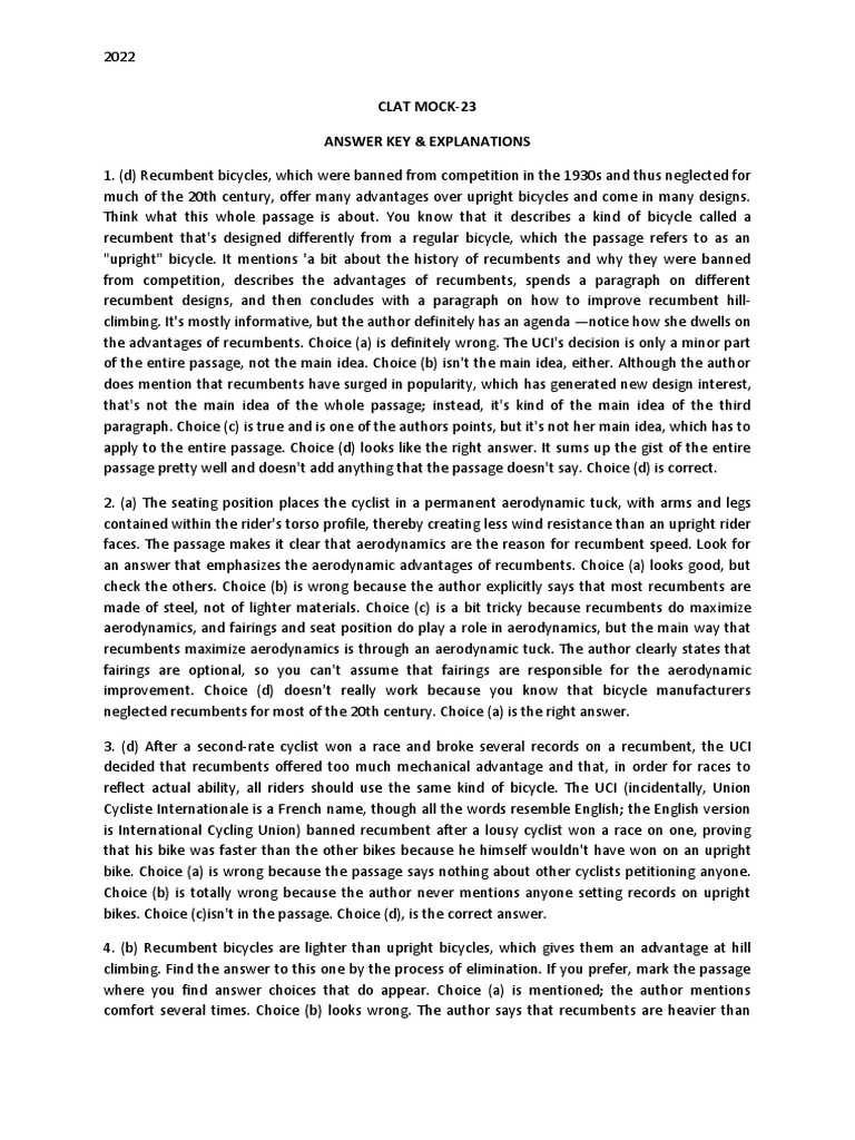 (2022) Clat M-23 Answer Key & Explanations | PDF | Tort | Rhetoric