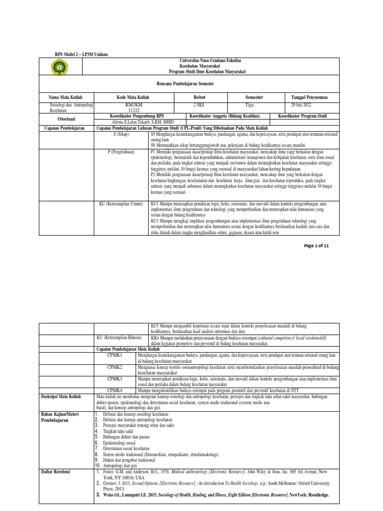 RPS Model 2 Sosiologi Dan Antropologi Kesehatan | PDF