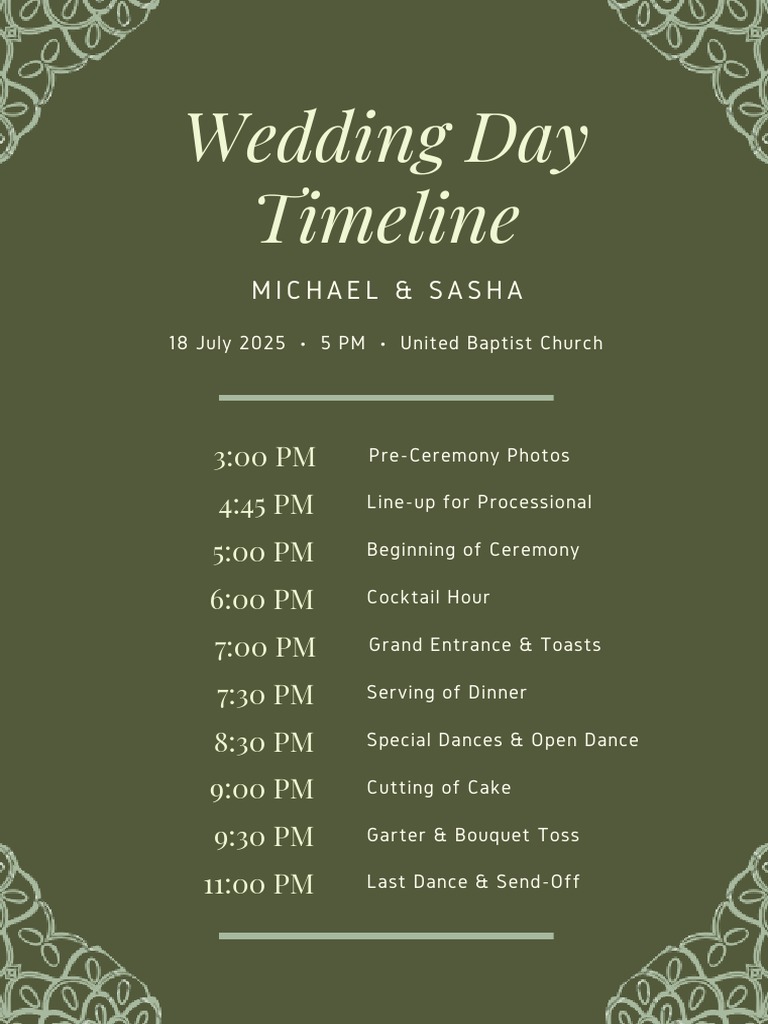 Green Ornate Border Wedding Timeline Planner | PDF | Cooking, Food & Wine