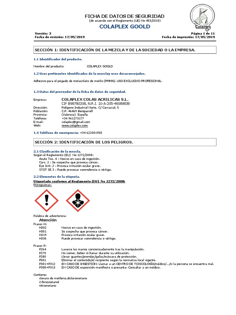Colaplex Goold MSDS | PDF | Química | Ciencias fisicas