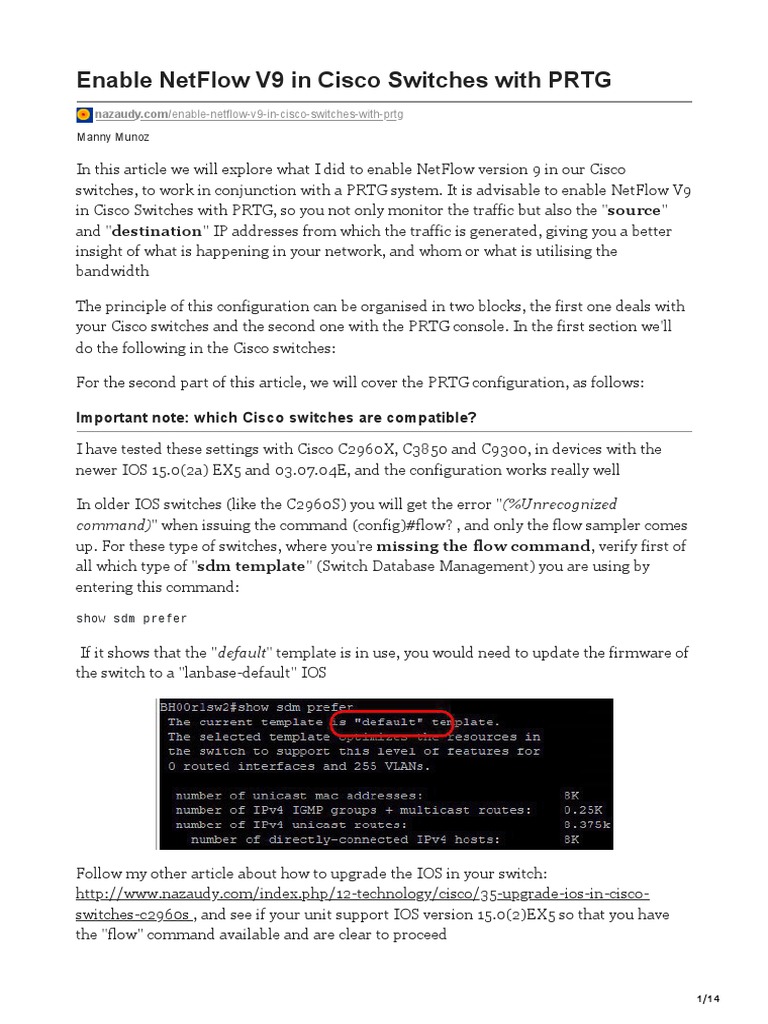 Enable NetFlow V9 in Cisco Switches With PRTG | PDF | Internet | System Software