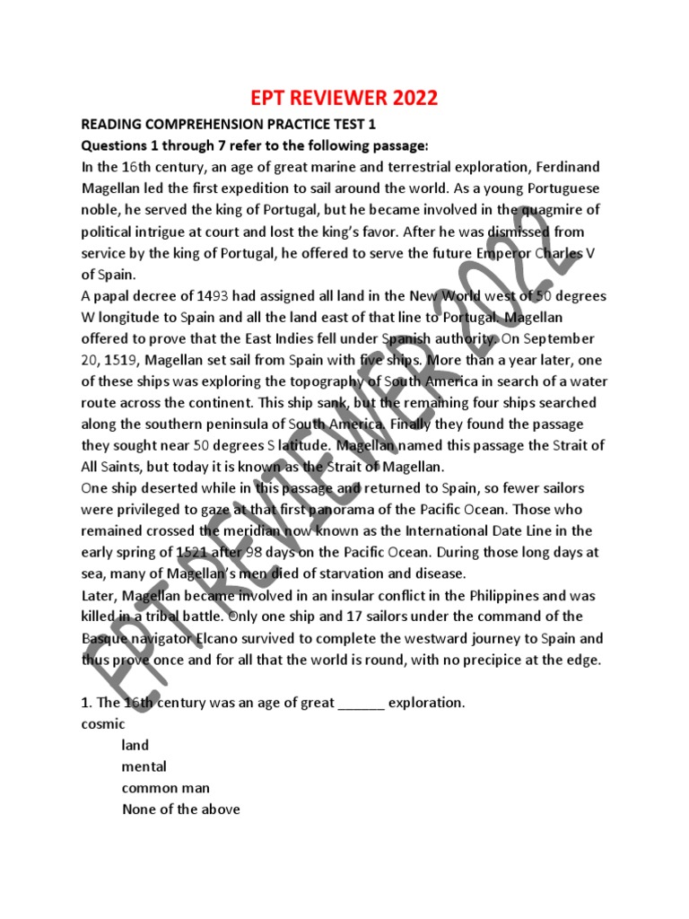 Ept Reviewer 2022: Reading Comprehension Practice Test 1 Questions 1 ...