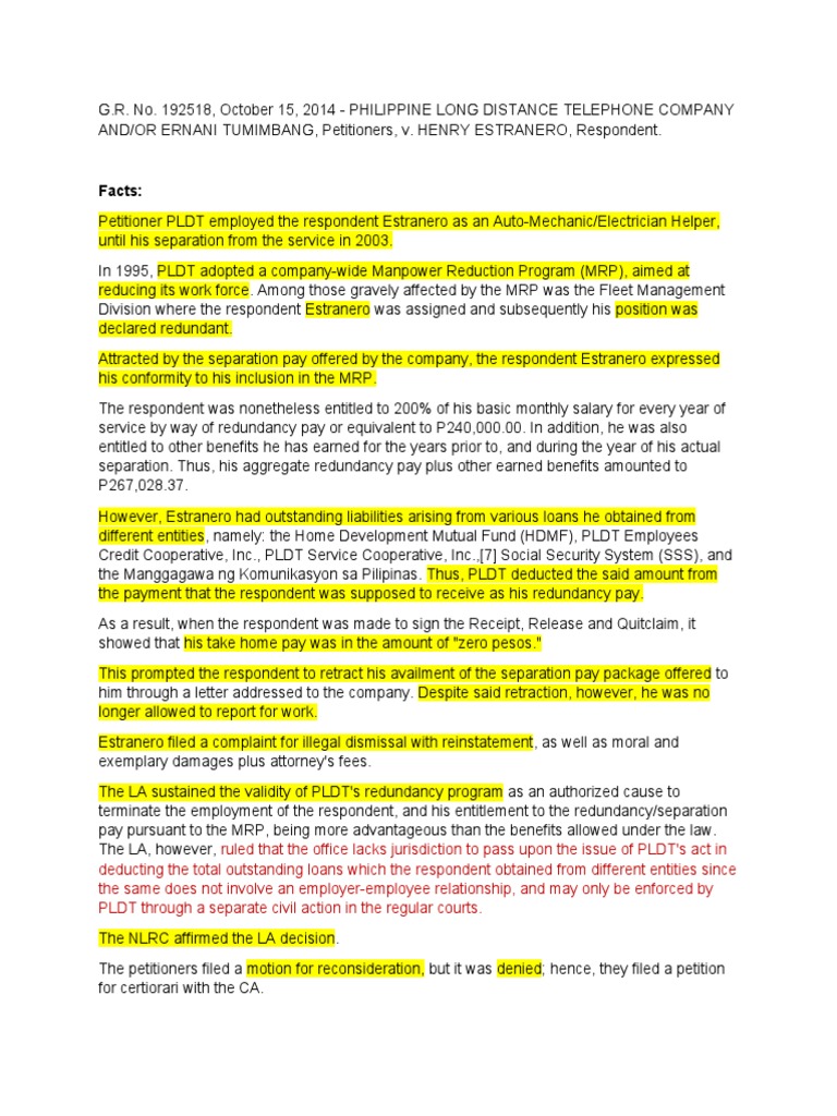 PLDT vs. Estranero | PDF | Employment | Layoff
