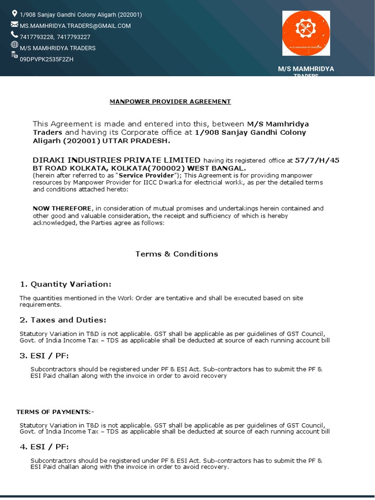 Manpower Agreement For Iicc WITH DIRAKI INDUSTRIES PVT - LTD | PDF ...