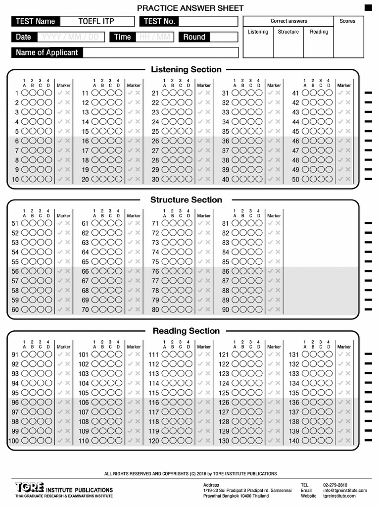 Toefl Itp Answer Sheet Tgre | PDF