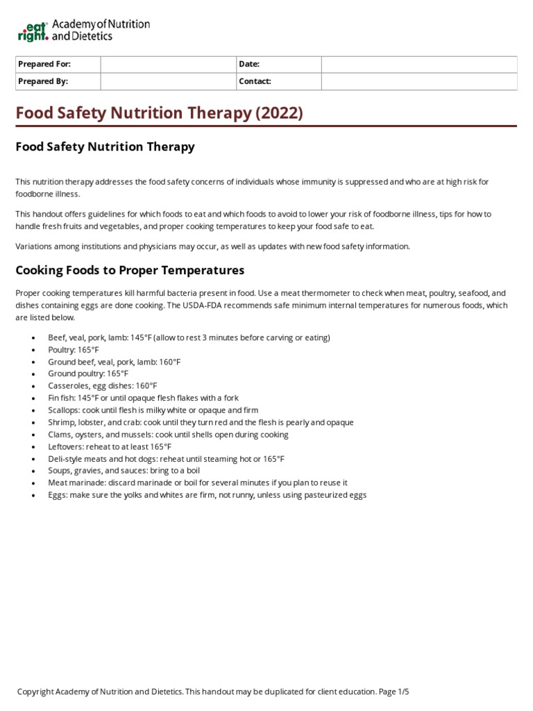 Client Ed Food Safety Nutrition Therapy 2022 | PDF | Foods | Cooking