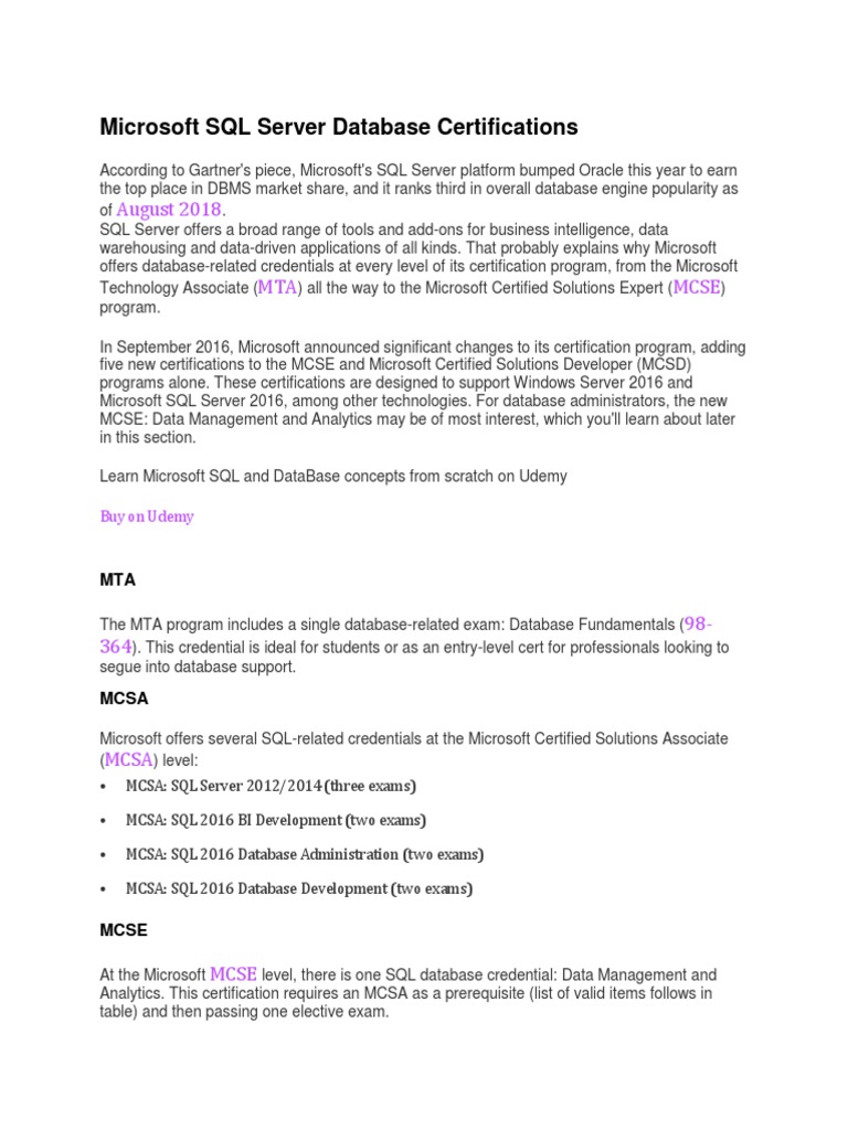 Microsoft SQL Server Database Certifications | PDF | Microsoft Sql Server | Databases
