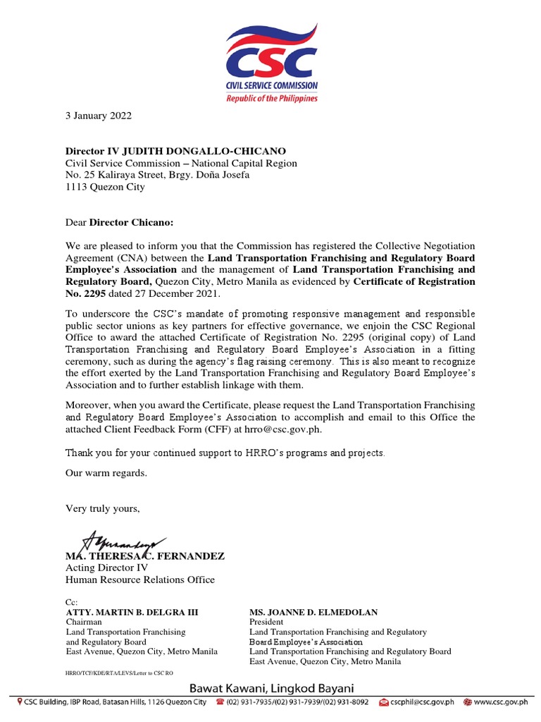 Letter To CSC RO - CNA Reg - Land Transportation Franchising and ...