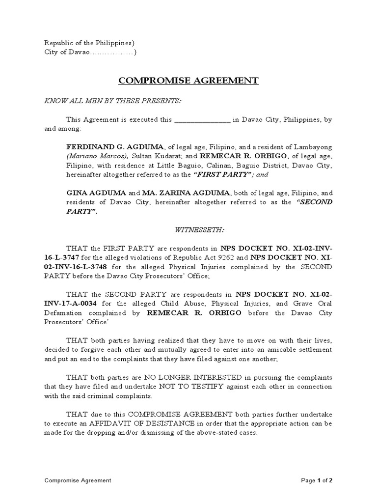 Compromise Agreement AGDUMA | PDF | Justice | Crime & Violence