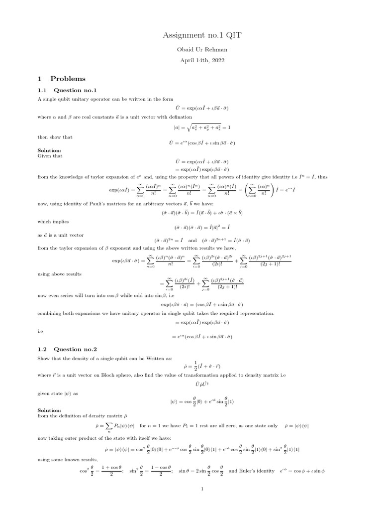 Assignment No 1 Qit 1 Problems Pdf Abstract Algebra Mathematical