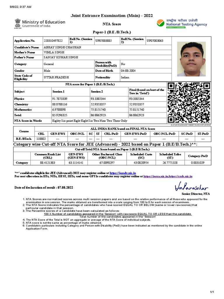 Joint Entrance Examination (Main) - 2022: NTA Score Paper-1 (B.E./B ...