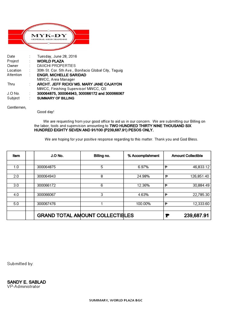World Plaza BGC Billing Summary | PDF | Wall | Components