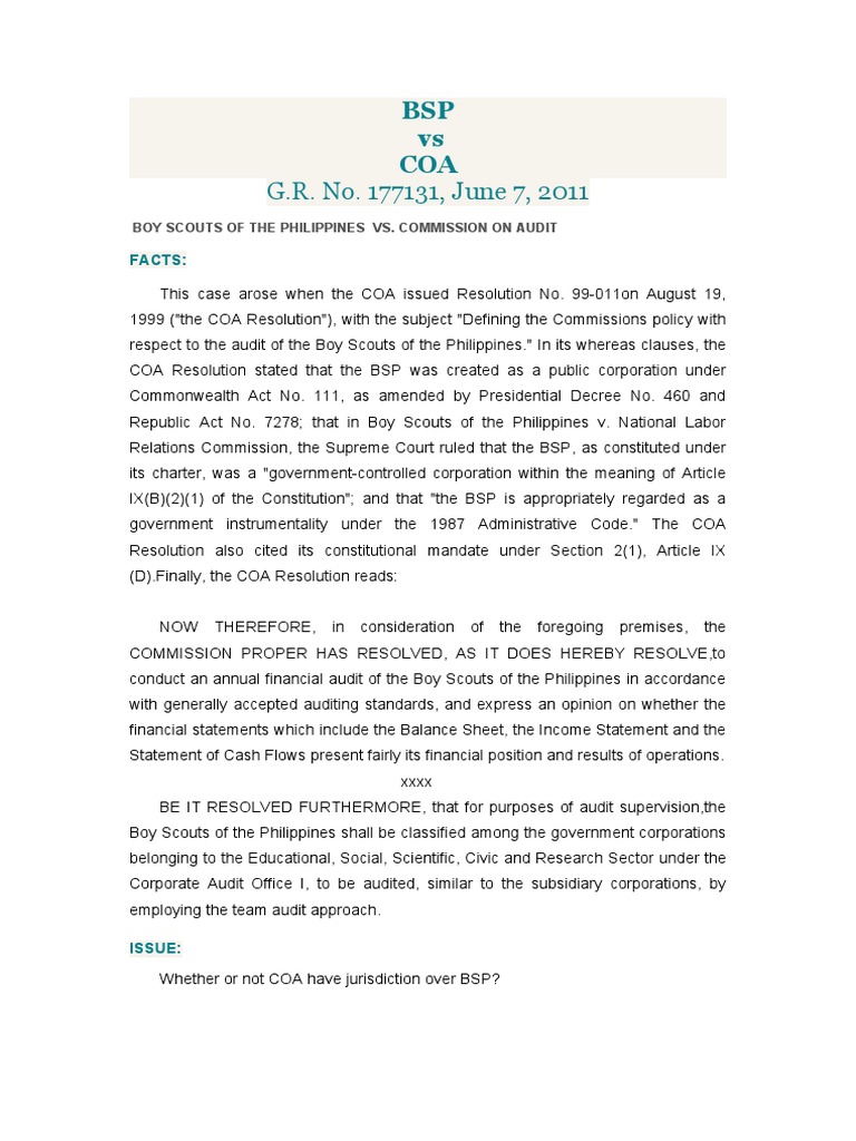 Case Digest BSP vs. COA | PDF | Corporations | Audit