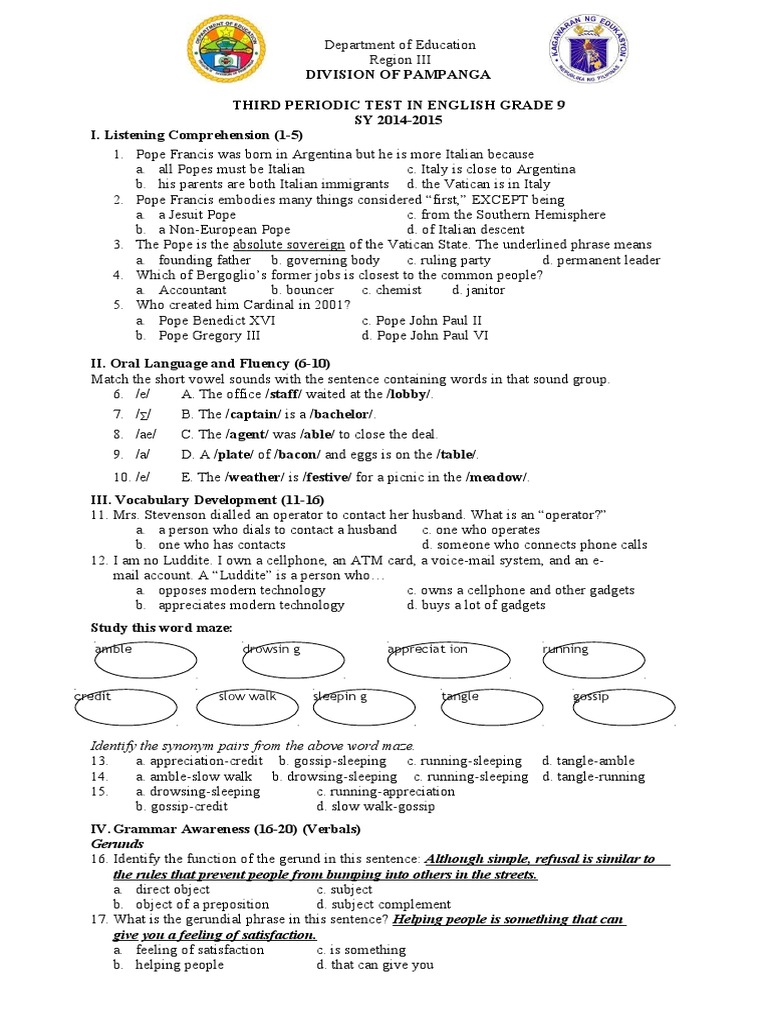 grade-9-english-with-answer-keydoc | PDF | Pope Francis | Linguistics