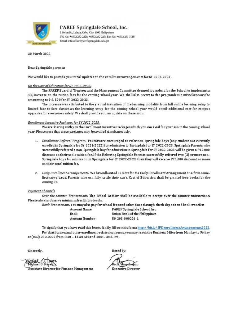 Springdale SY 2022-2023 Enrollment Update | PDF | Fee | Banks