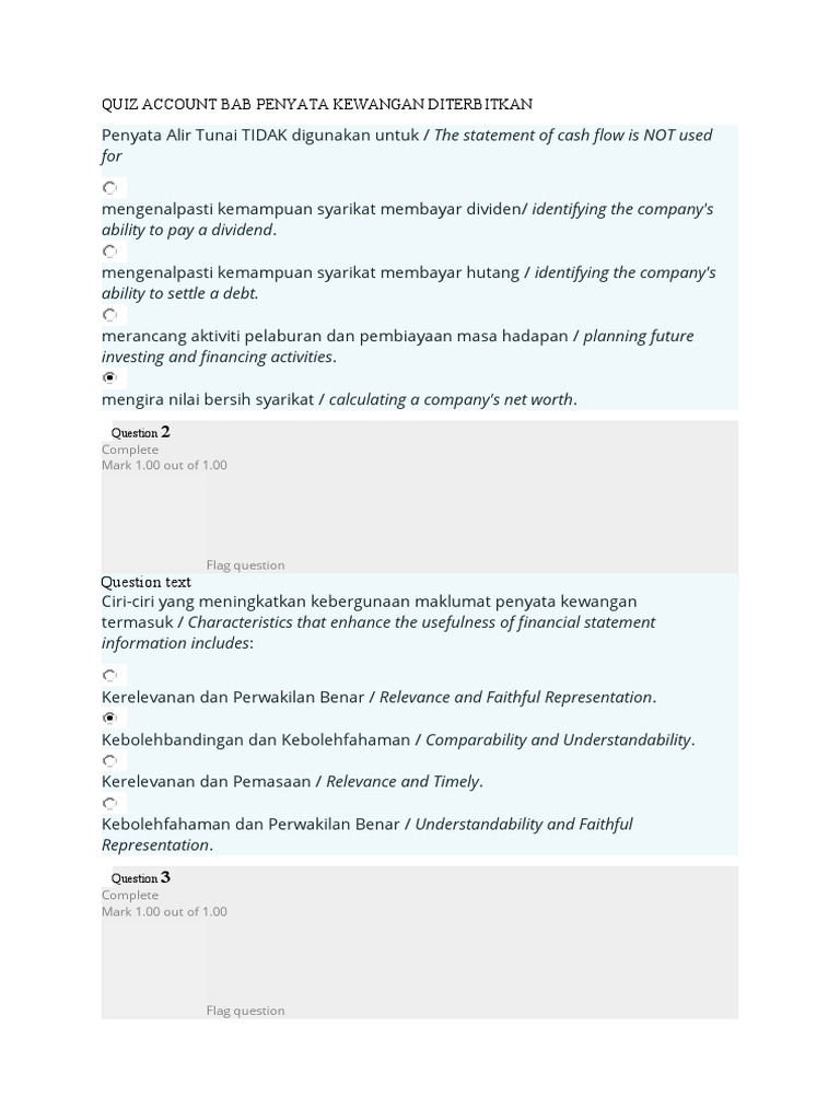 Quiz Account Bab Penyata Kewangan Diterbitkan | PDF | Equity (Finance) | Financial Statement