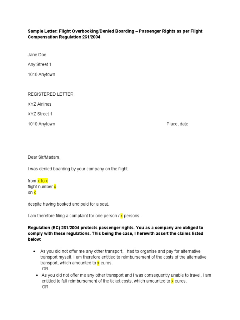 EN - Sample-Letter-Flight-Overbooking - Denied Boarding | PDF