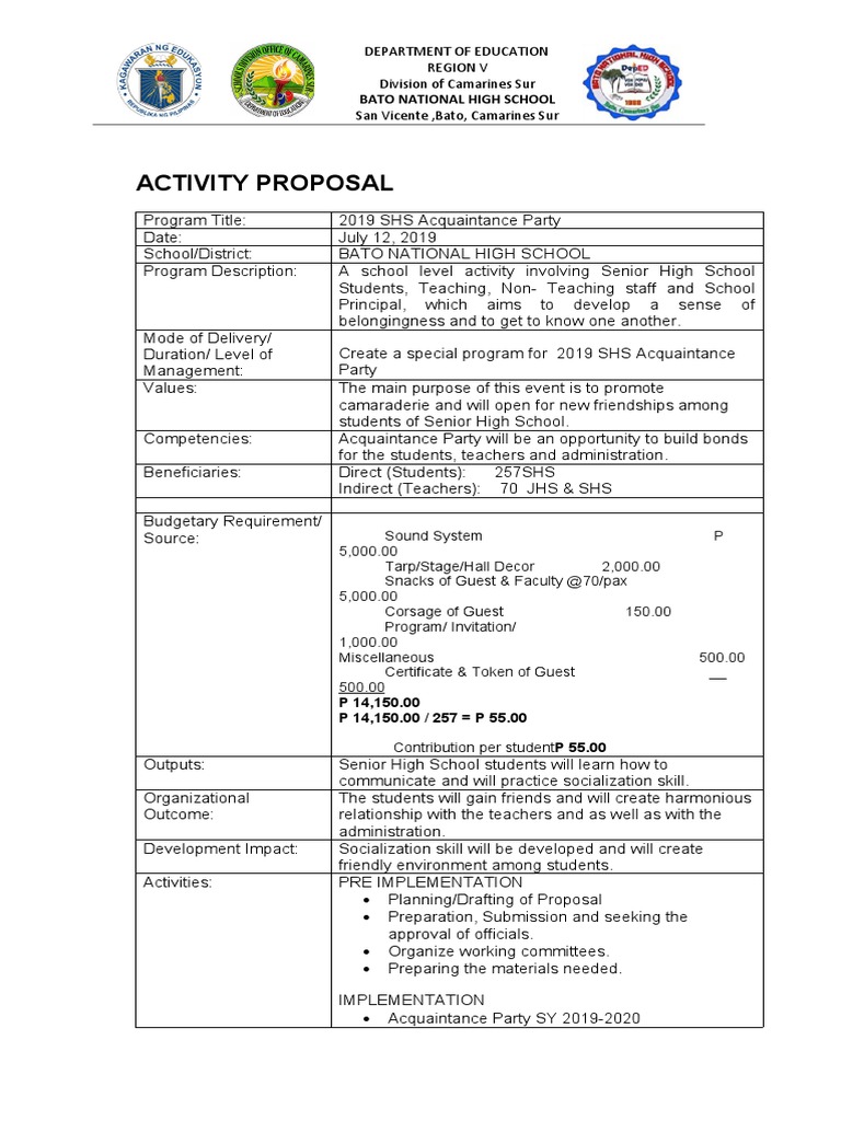 Activity Proposal: Bato National High School | PDF | Teachers