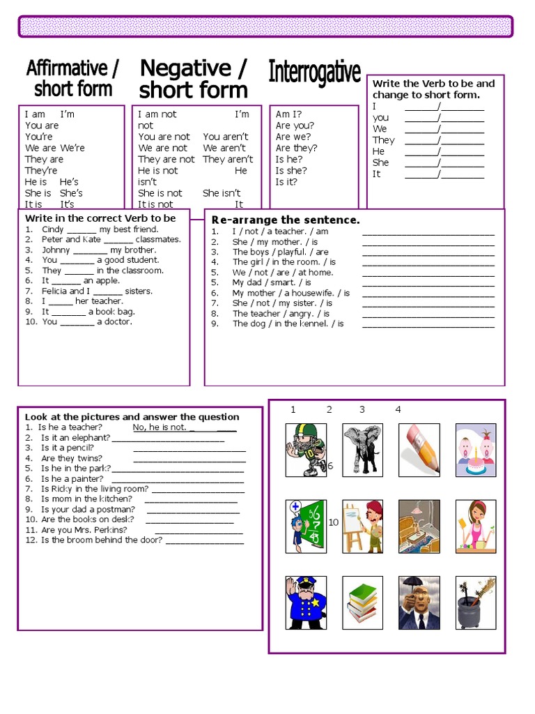 Re-Arrange The Sentence.: Write The Verb To Be and Change To Short Form ...