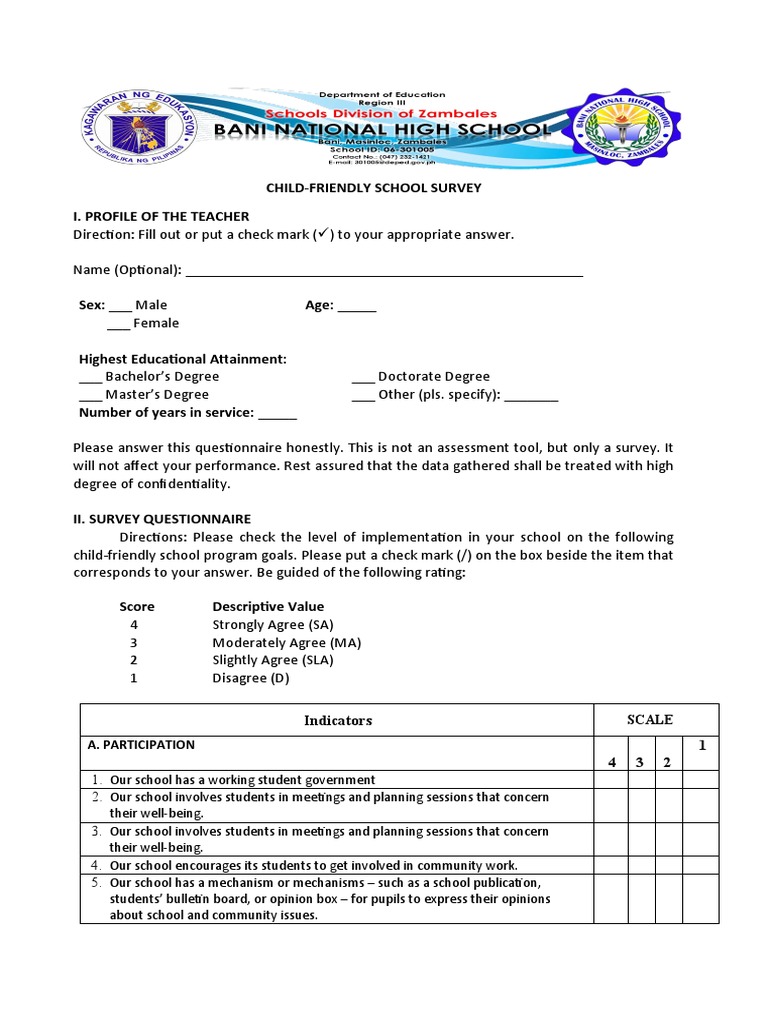 Child-Friendly School Survey | PDF | Teachers | Academic Degree