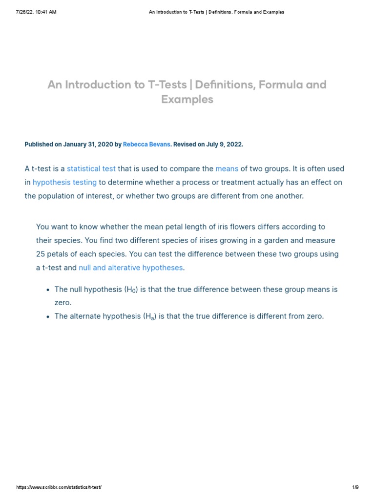 An Introduction To T-Tests - Definitions, Formula and Examples | PDF ...