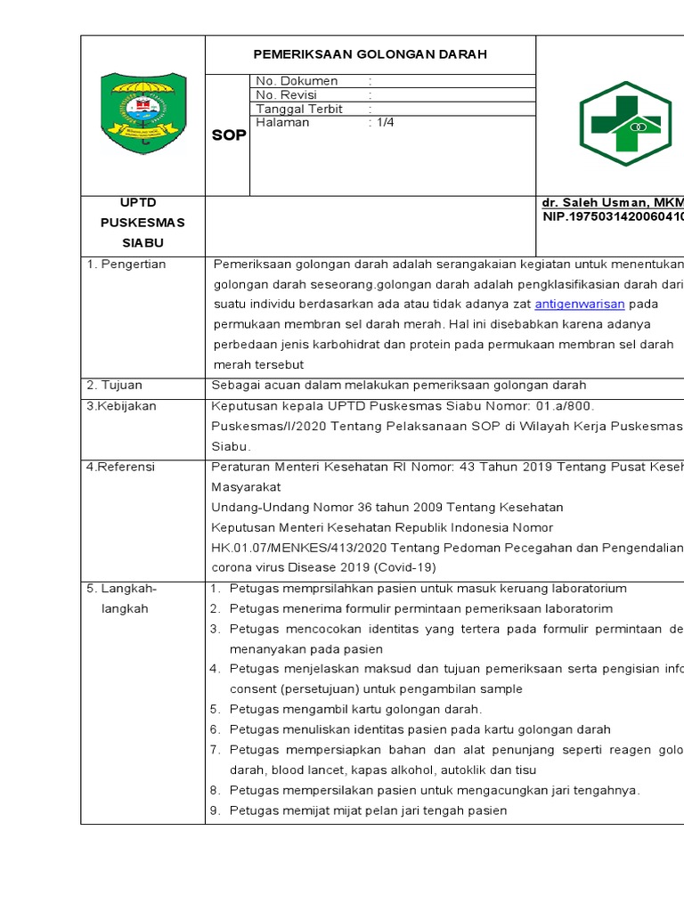 Sop Pemeriksaan Golongan Darah | PDF | Sains & Matematika