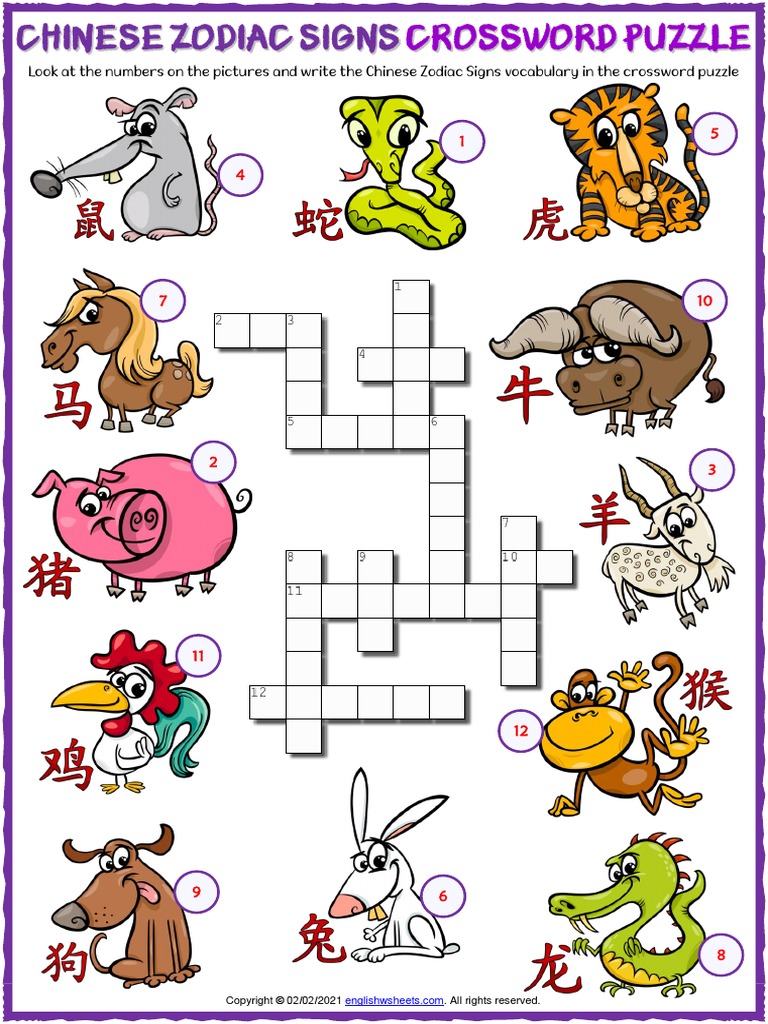 Chinese Zodiac Signs Vocabulary Esl Crossword Puzzle Worksheet For Kids ...