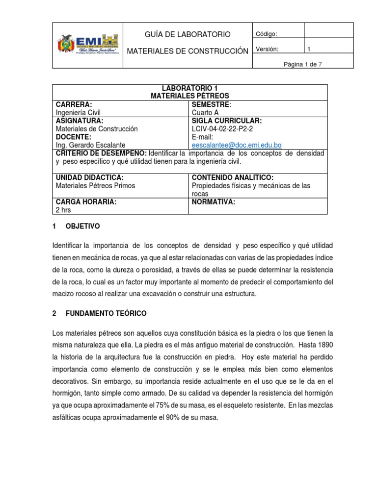 Guía de Lab - Materiales - 1 - Materiales Pétreos Primos - Densidad | PDF | Densidad | Hormigón