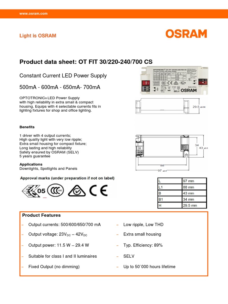 Product Data Sheet: OT FIT 30/220-240/700 CS: Constant Current LED ...