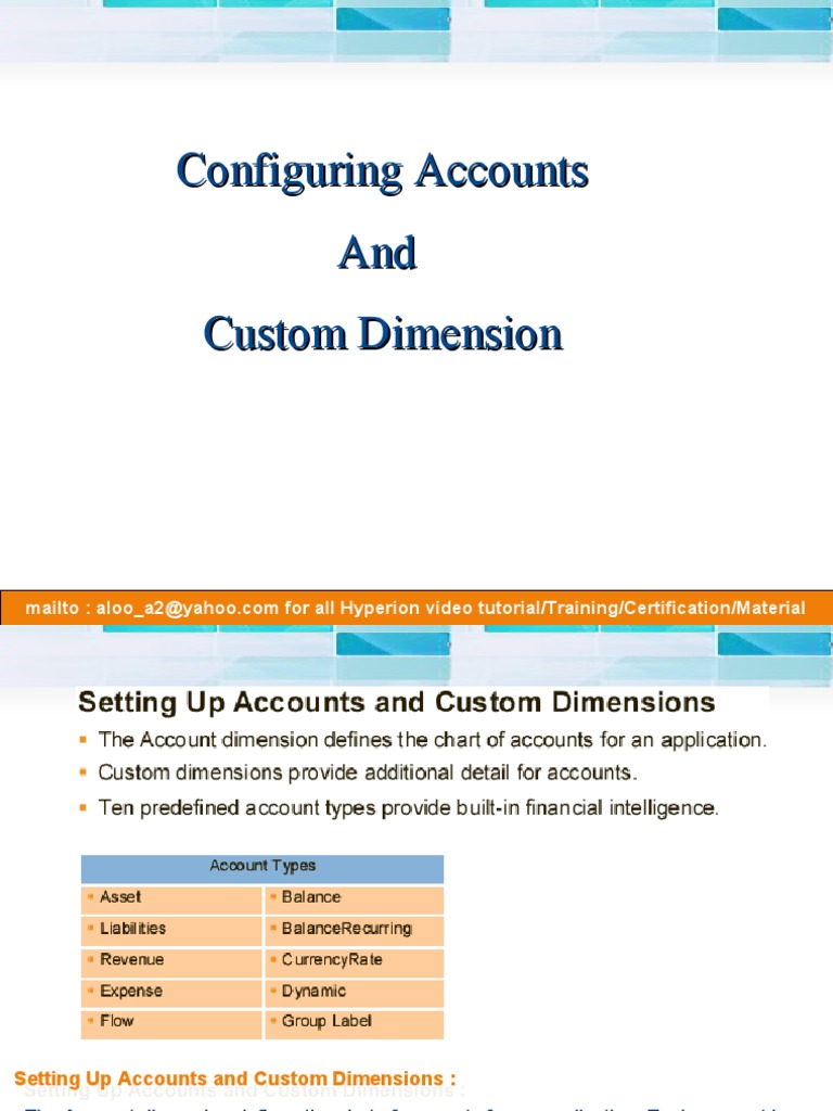 Configuring Accounts and Custom Dimension | PDF | Balance Sheet | Debits And Credits