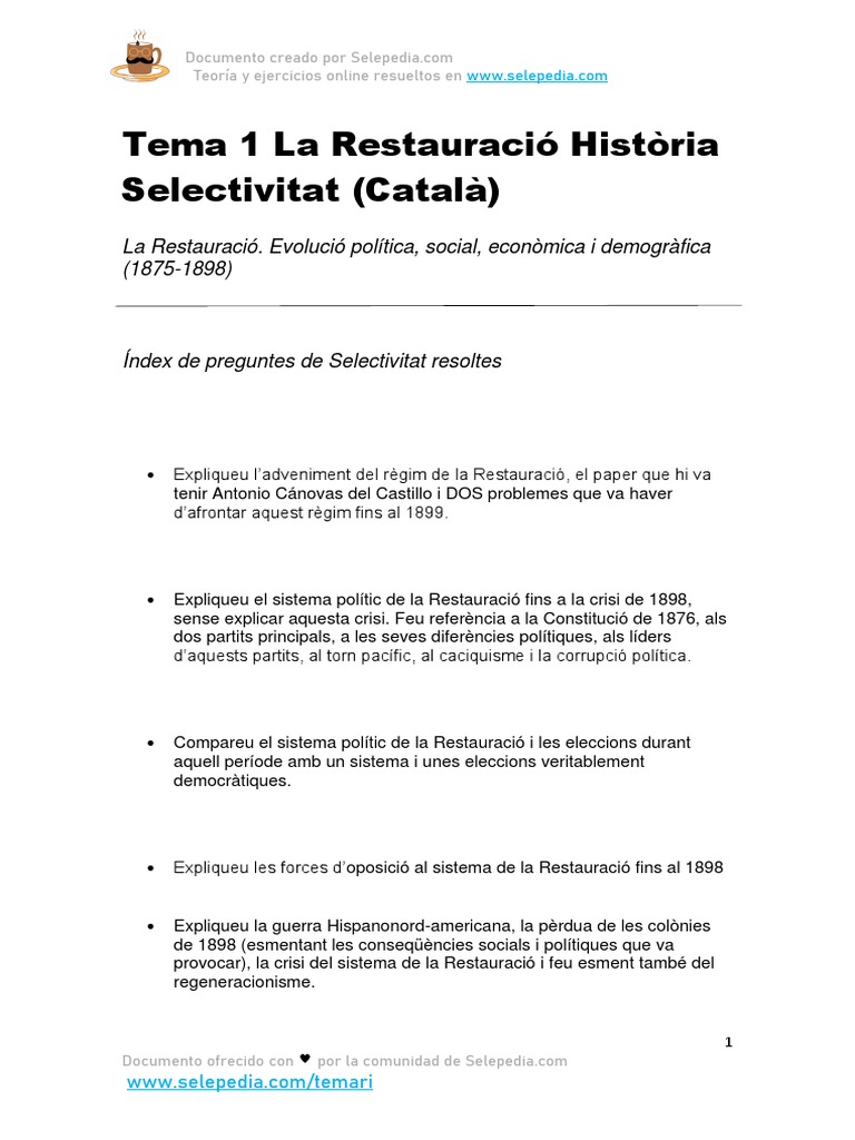Preguntes Resoltes Tema 1 La Restauració Català | PDF