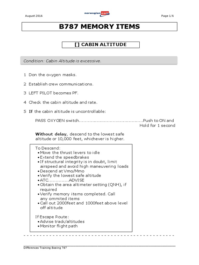 B787 Memory Items: Cabin Altitude | PDF | Altitude | Transport