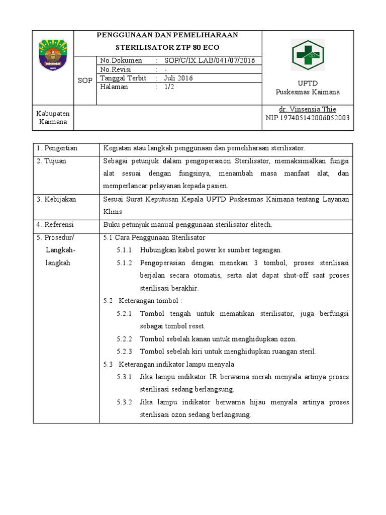 SOP Penggunaan Dan Pemeliharaan Sterilizator | PDF | Pengembangan Diri | Kesehatan Holistik