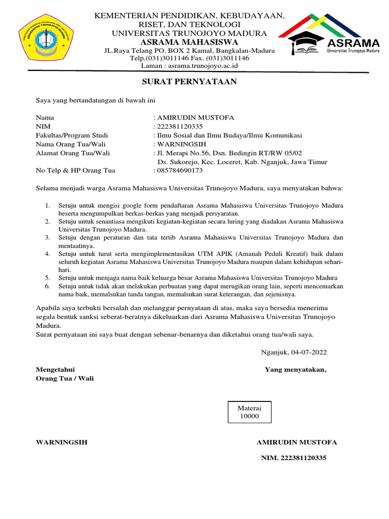 PERNYATAAN KETERANGAN MAHASISWA BARU ASRAMA UNIVERSITAS TRUNOJOYO ...