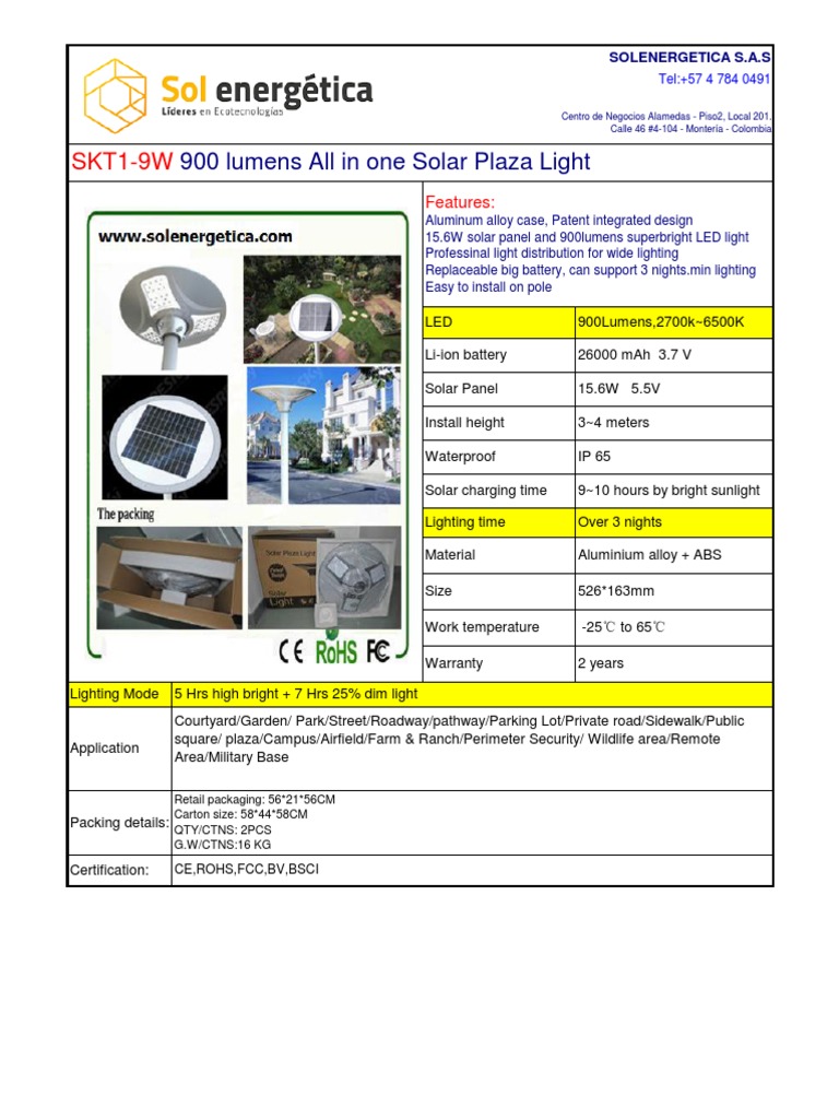 900 Lumens All in One Solar Plaza Light: SKT1-9W | PDF | Building ...