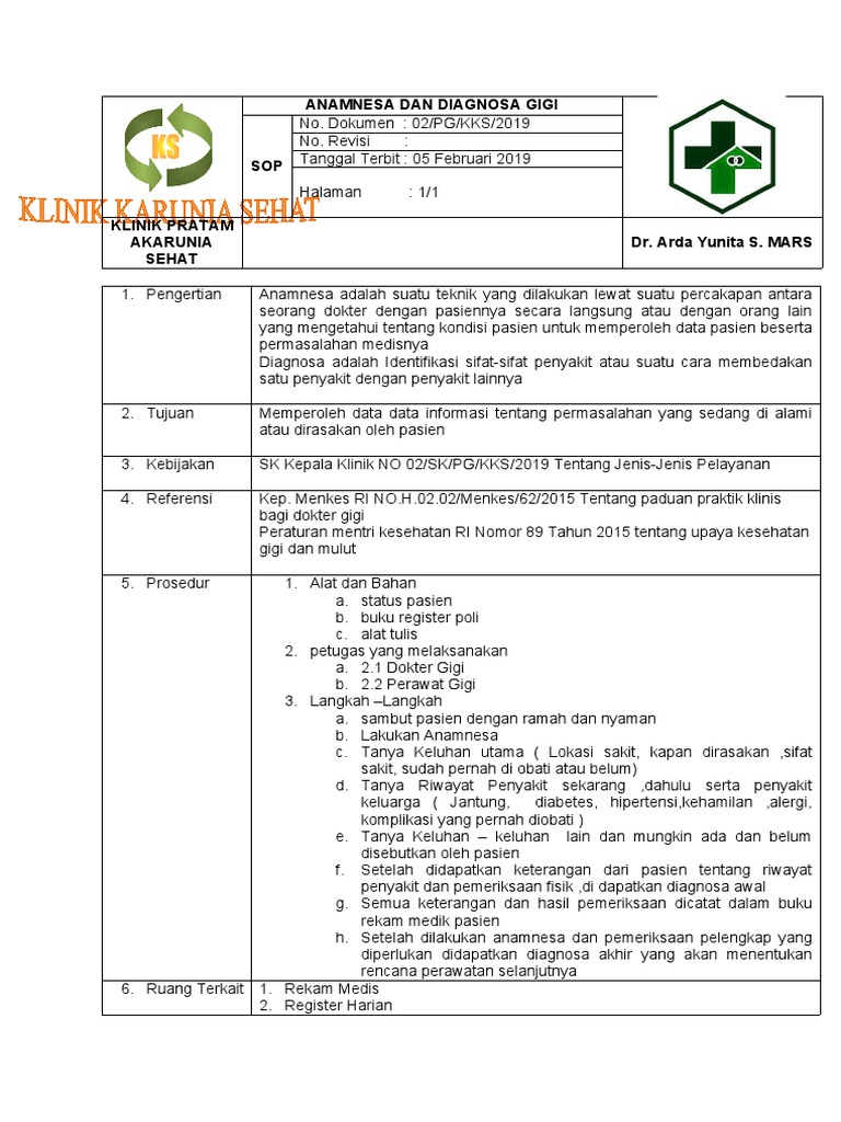 Sop 2 Anamnesa Dan Diagnosa Gigi | PDF