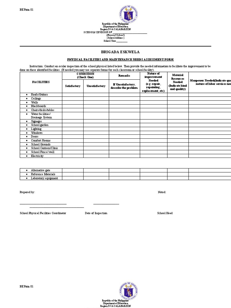 BE Form 1 PHYSICAL FACILITIES AND MAINTENANCE NEEDS ASSESSMENT FORM | Download Free PDF | Classroom