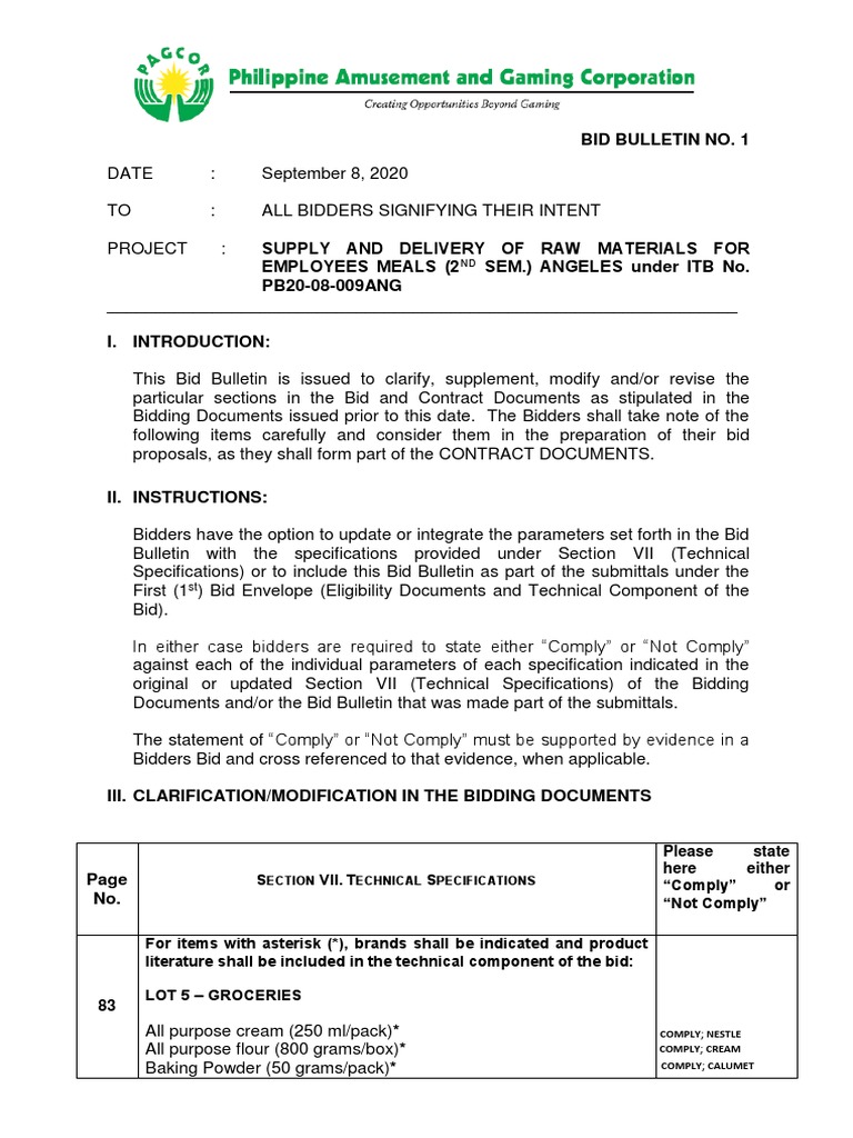 Bid Bulletin for Raw Materials Supply | PDF | Specification (Technical ...