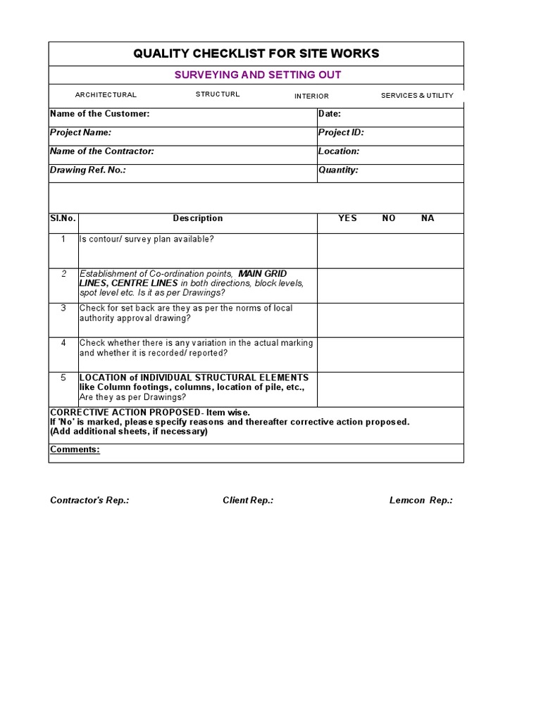 Quality Checklist For Site Works: Surveying and Setting Out | PDF
