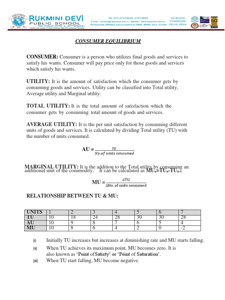 Consumer Equilibrium CLASS 11 | PDF | Utility | Microeconomics