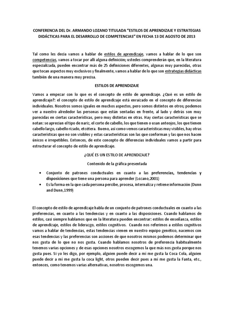 Estilos de Aprendizaje y Estrategias Didácticas para El Desarrollo de Competencias | PDF ...