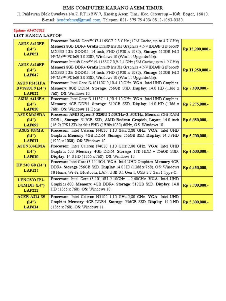 Bms Computer Karang Asem Timur: List Harga Laptop | PDF | Intel | Solid State Drive