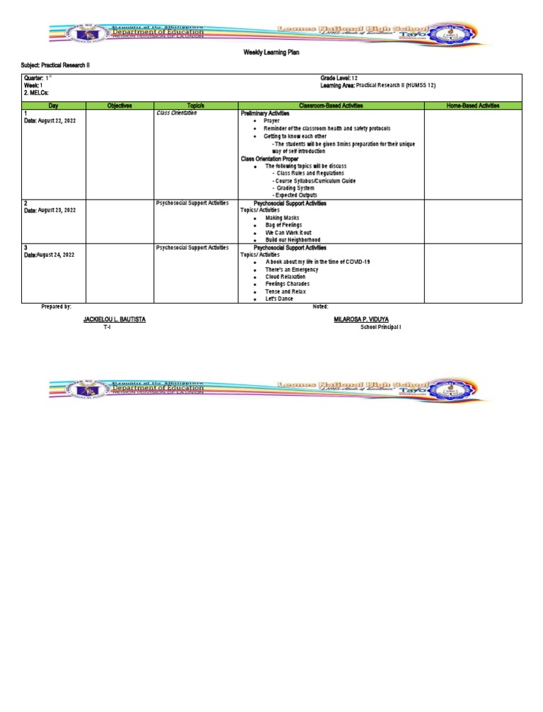 Weekly Learning Plan: Class Orientation | PDF | Teaching | Education Theory