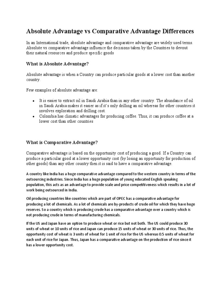 Absolute Advantage Vs Comparative Advantage Differences | PDF | Opportunity Cost | Comparative ...