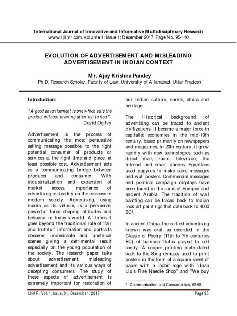 Evolution of Advertisement and Misleading Advertisement in Indian Context Mr. Ajay Krishna ...