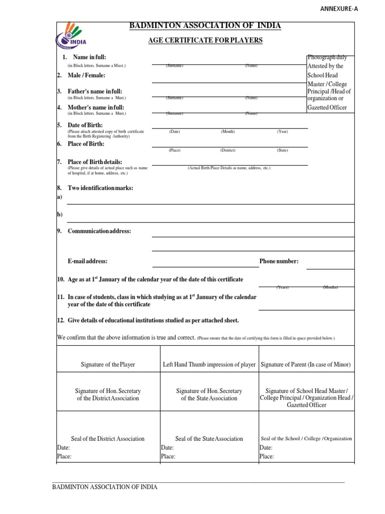 Badminton Association of India: Age Certificate For Players | PDF ...