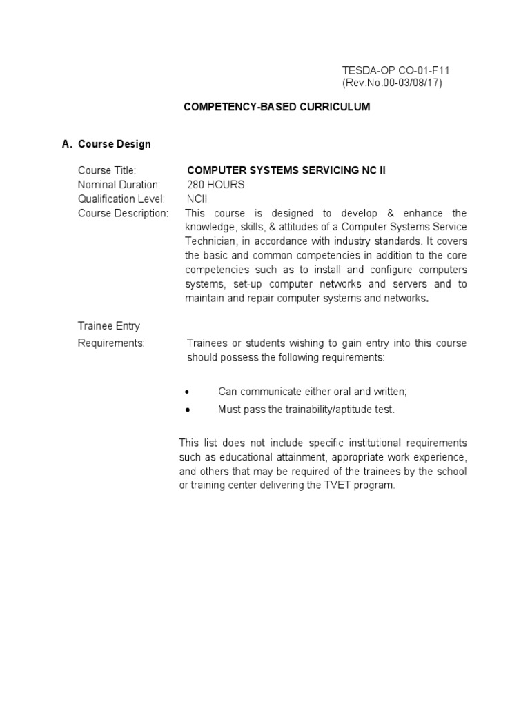Competency-Based Curriculum A. Course Design Computer Systems Servicing ...