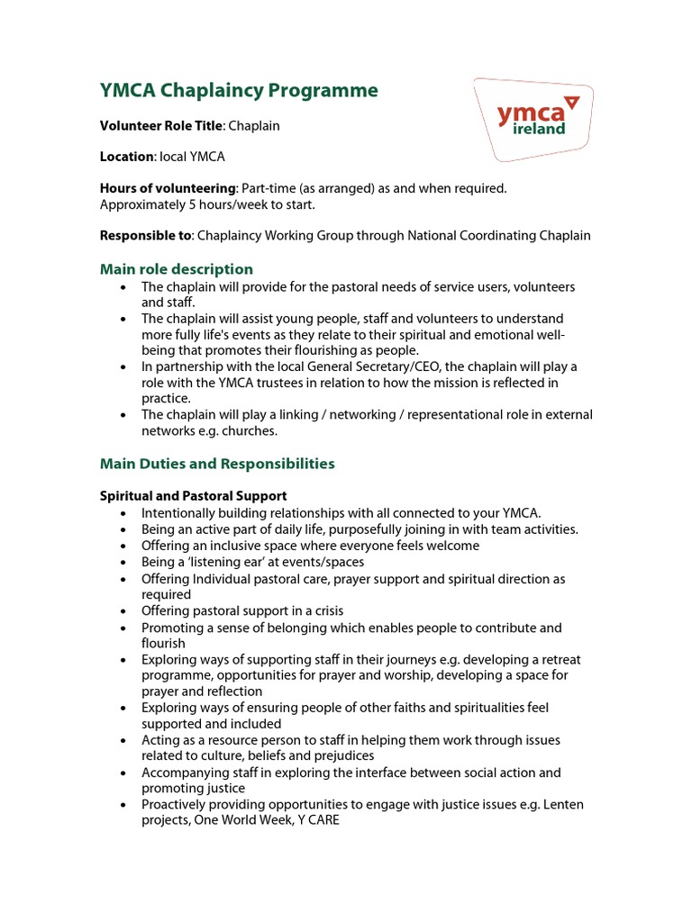 2022 YMCA Chaplaincy Role Description | PDF | Chaplain | Experience