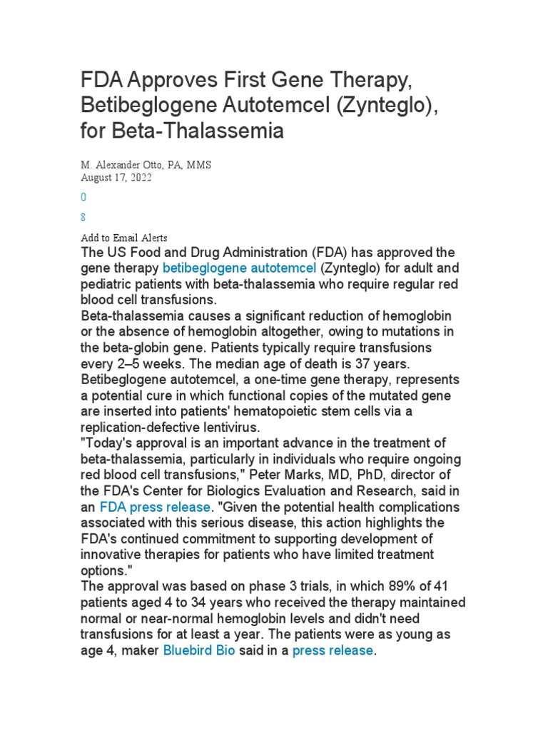 FDA Approves First Gene Therapy, Betibeglogene Autotemcel (Zynteglo ...